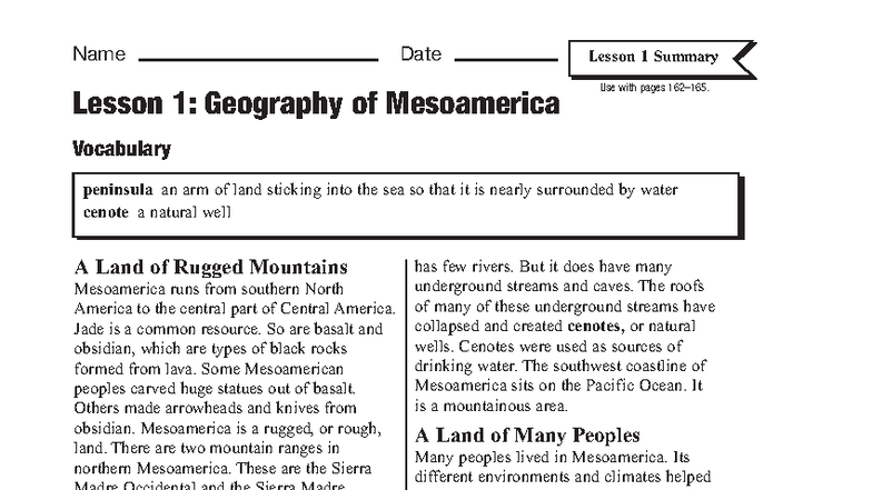 Mesoamerica Geography & Cultures: Lesson 1 Summary (Scott Foresman 6 ...