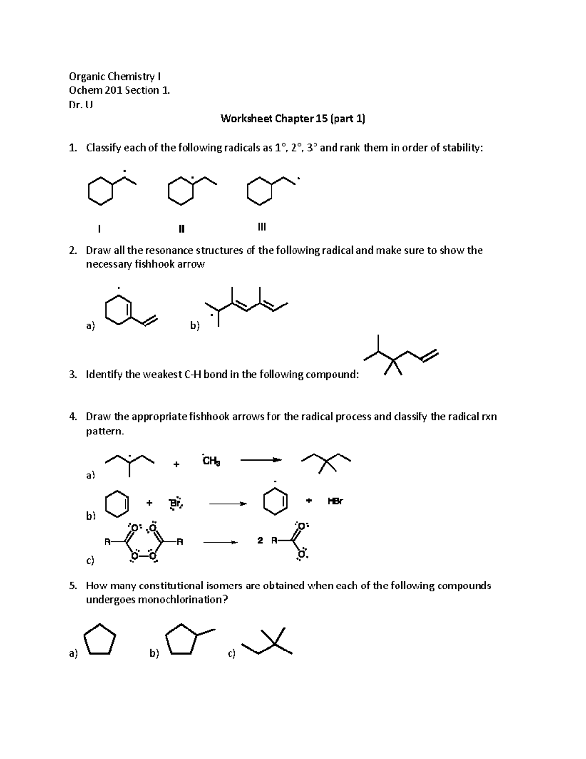 Worksheet chapter 13 (part 1) - Organic Chemistry I Ochem 201 Section 1 ...