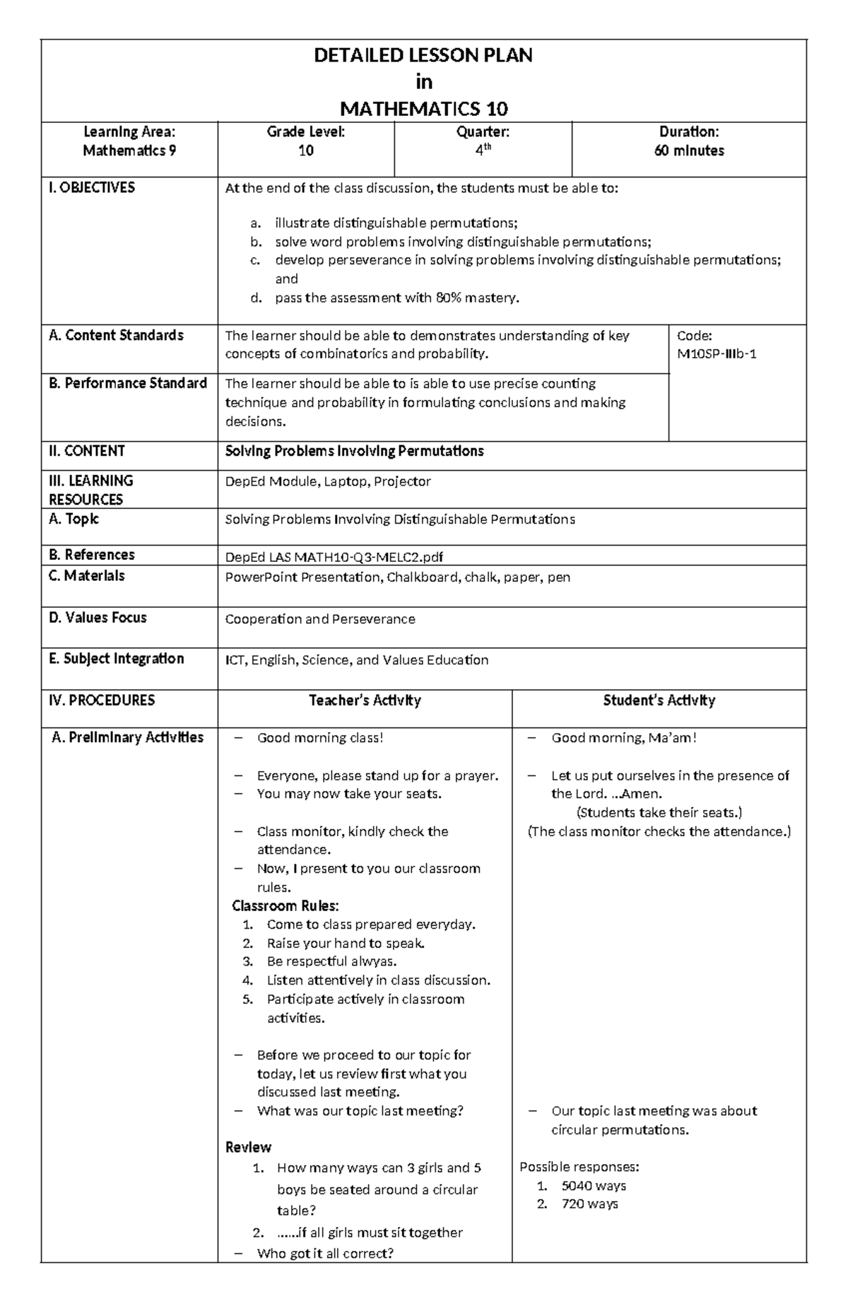 DLP G10 distinguishable permutation - DETAILED LESSON PLAN in ...