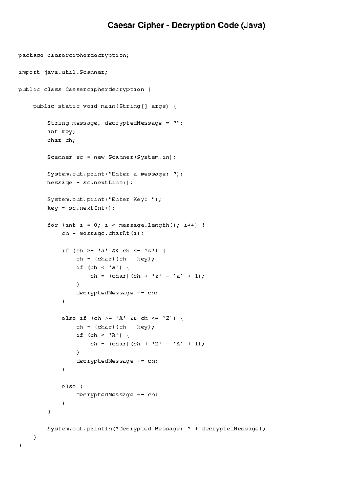 Caesar Cipher Decryption Code - Caesar Cipher - Decryption Code (Java) package - Studocu