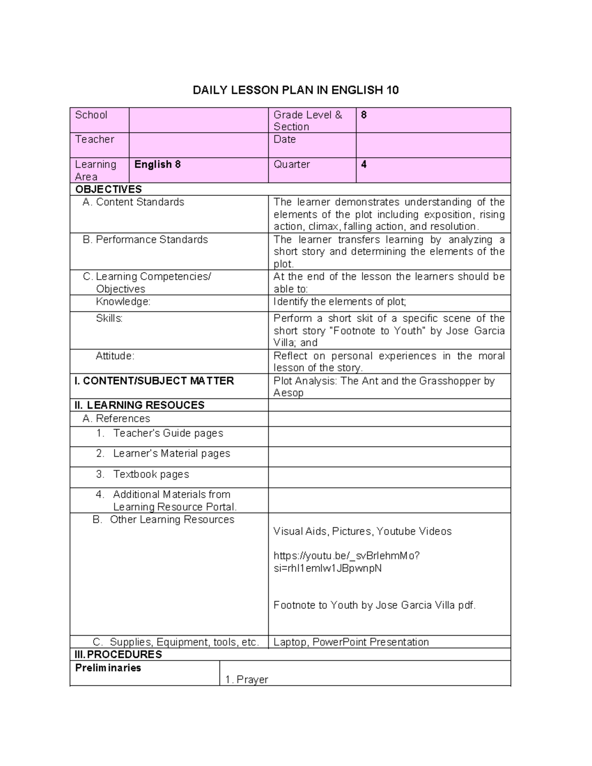 LP-Plot-Analysis: Lesson Plan for English 8 on Plot Elements - Studocu