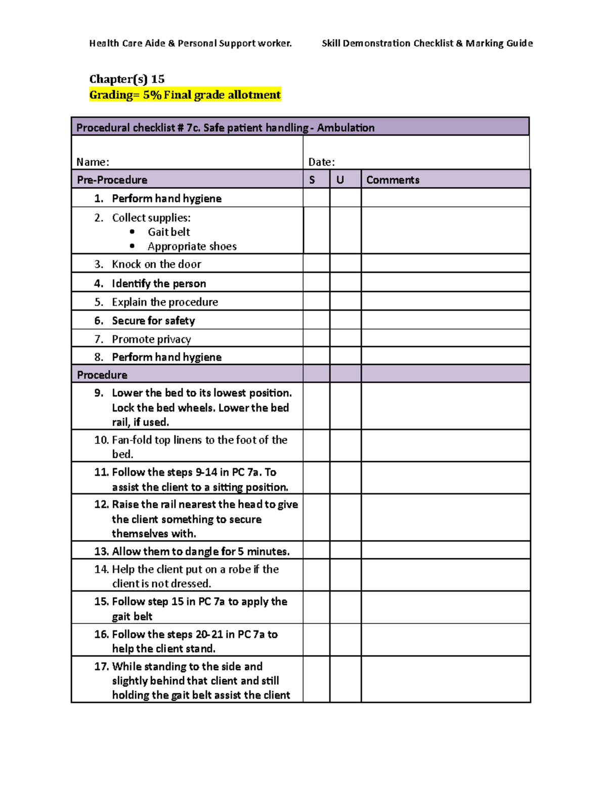PC 7c. Safe Patient Handling - Ambulation Procedure Checklist Guide ...