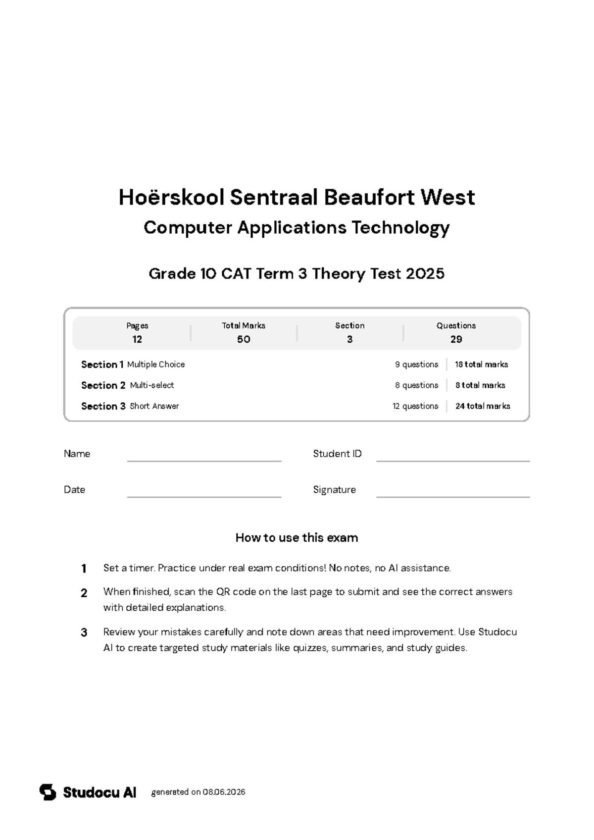 Grade 10 CAT Term 3 Theory Test 2025 - Studocu
