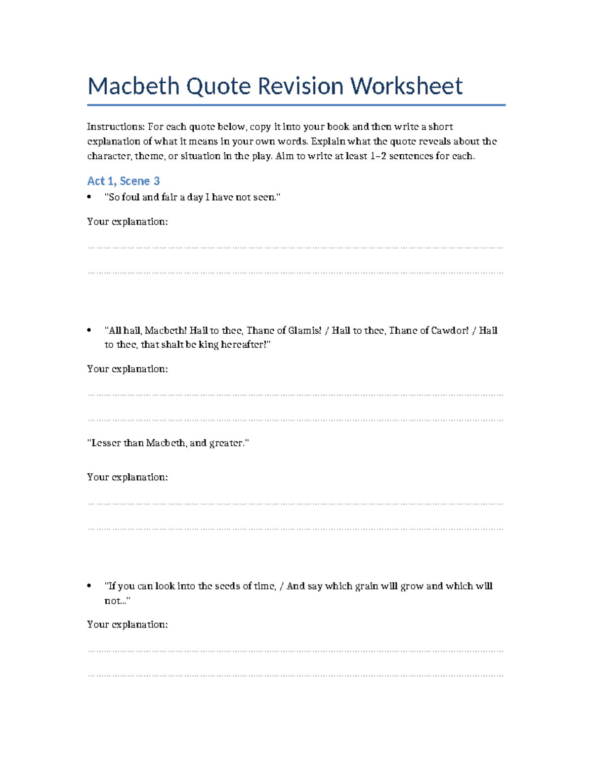 Macbeth Quote Revision Worksheet (ENG 101) - Studocu