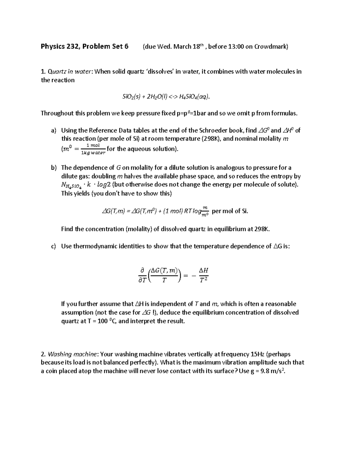 Physics 232, Problem Set 6: Thermodynamics Practice Assignment - Studocu