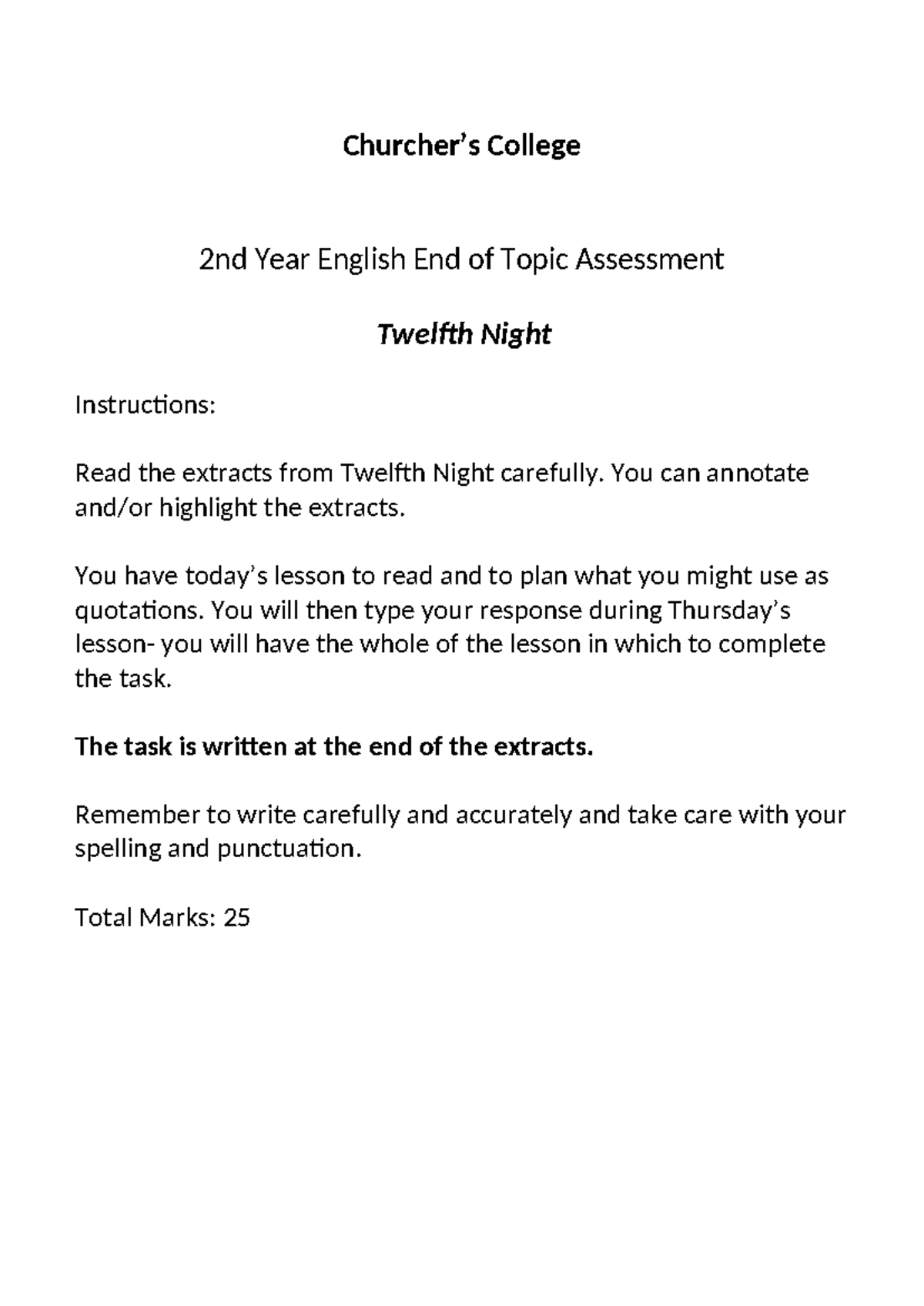 2nd Year English Assessment: Twelfth Night Analysis and Quotes - Studocu