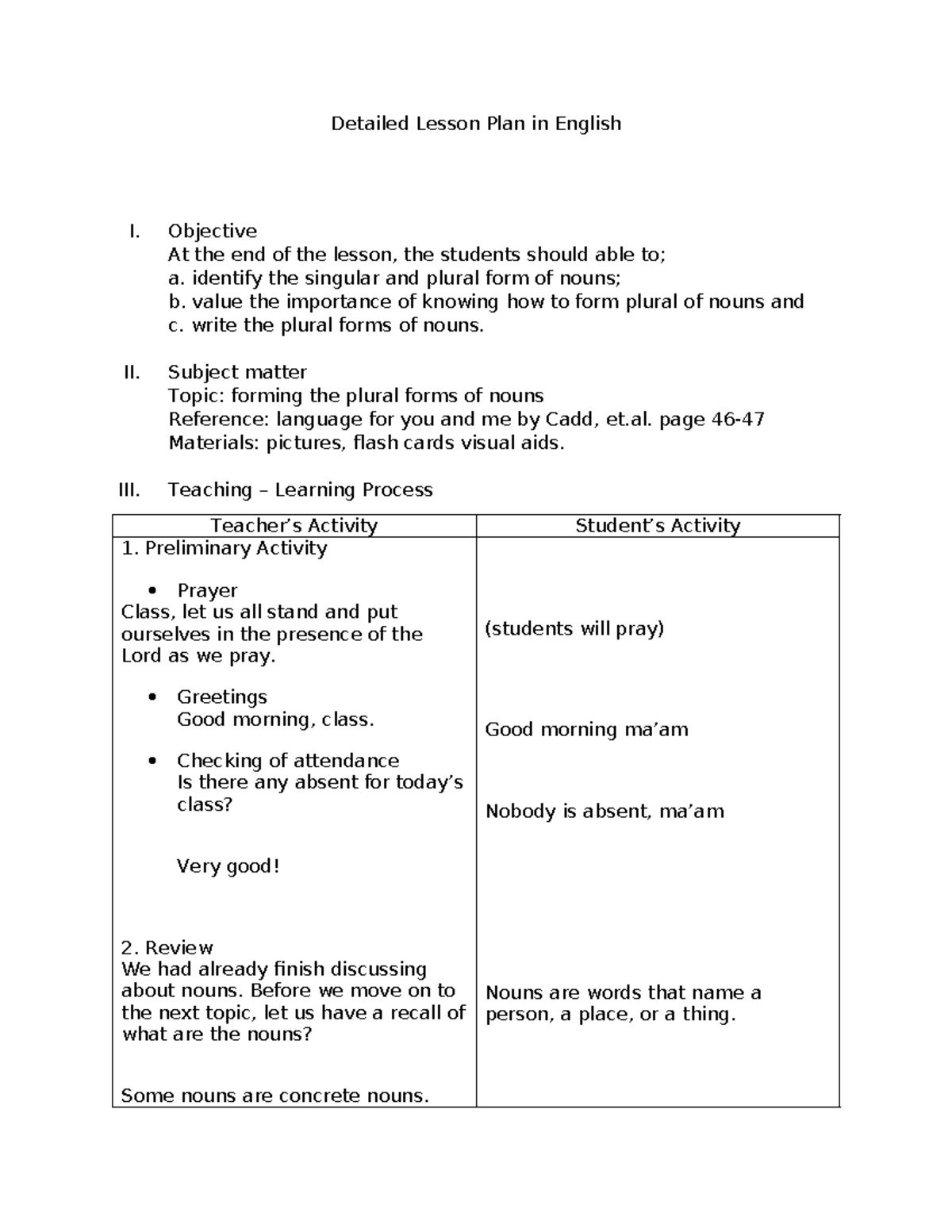 Detailed Lesson Plan: Forming Plural Nouns in English I - Studocu