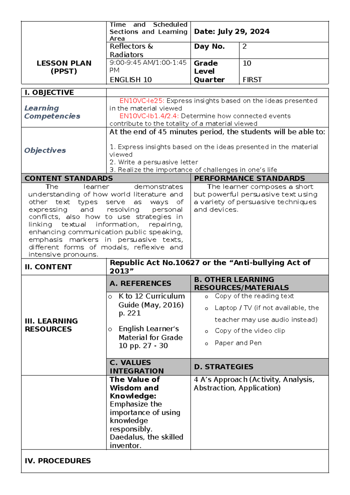 ENG-10 Anti-Bullying Lesson Plan Day 2 Week 1 (PPST Format) - Studocu