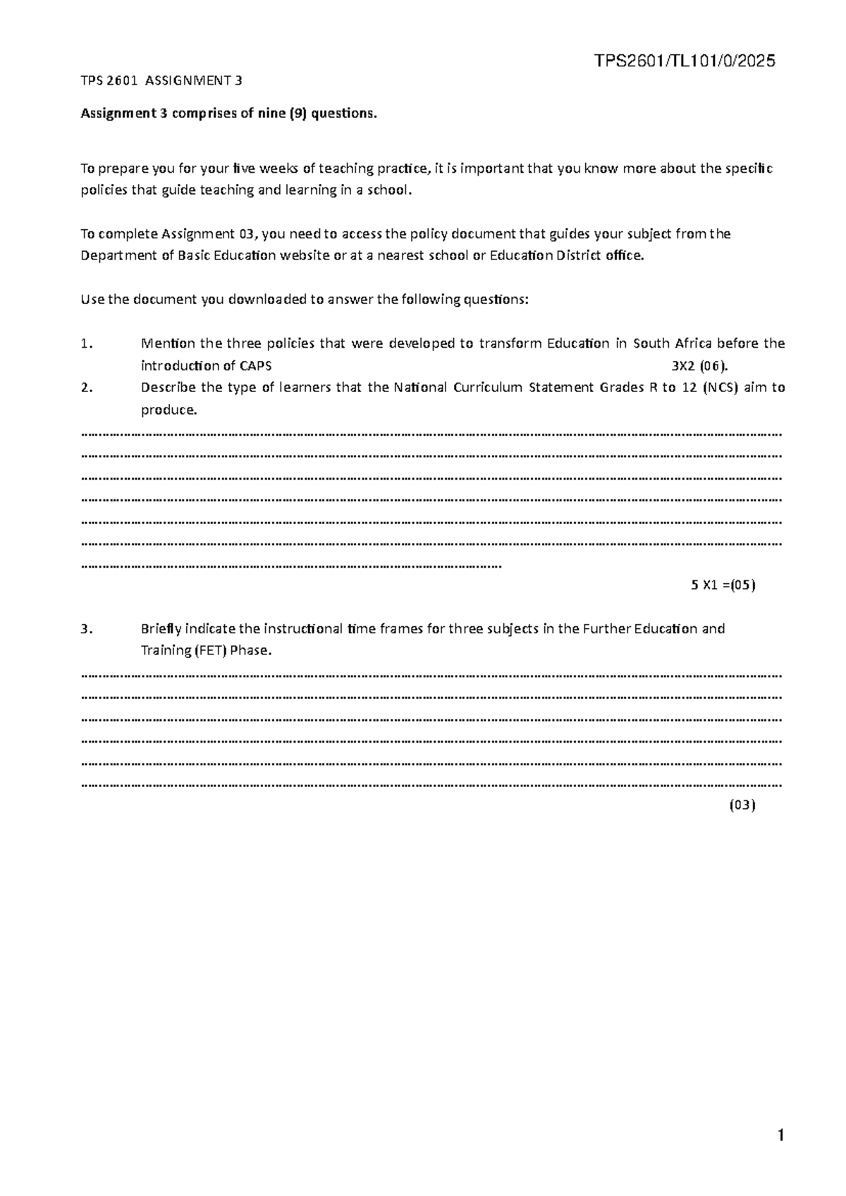 TPS2601 Assignment 3: Exploring CAPS Policies & Assessment Guidelines - Studocu