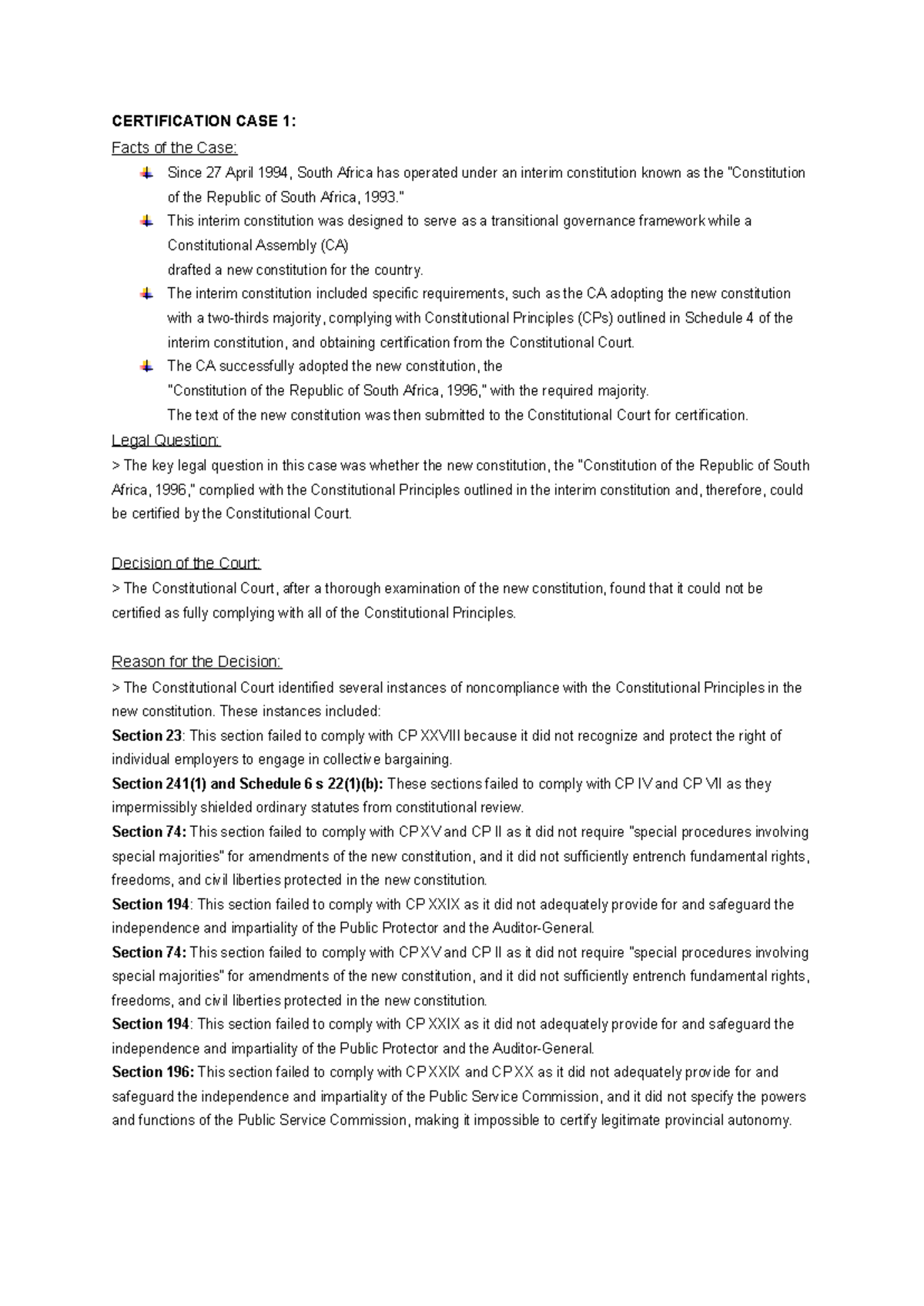 Certification Case Study: Compliance of South Africa's 1996 Constitution - Studocu