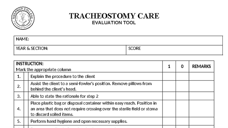 Tracheostomy Care Evaluation Tool: Procedure & Rationale Guide - Studocu