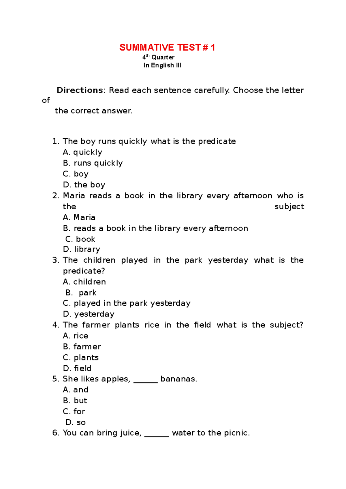 Second Summative Test: English 3 Final Exam Questions - Studocu
