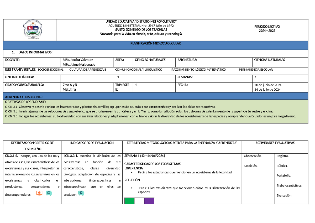 Planificación Microcurricular: CCNN para 7mo Grado A y B (2024-2025) - Studocu