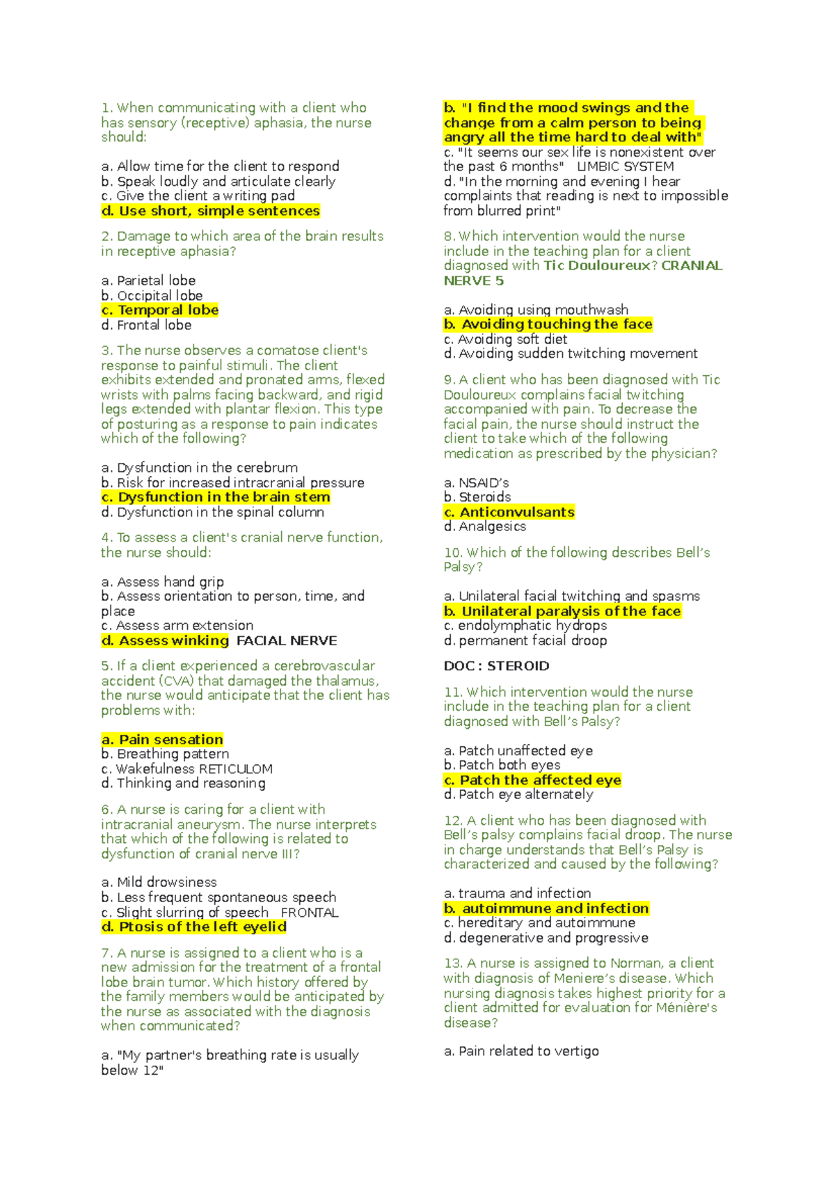 Neuro POST TEST - ACADEMIC Review and Practice Questions - Studocu