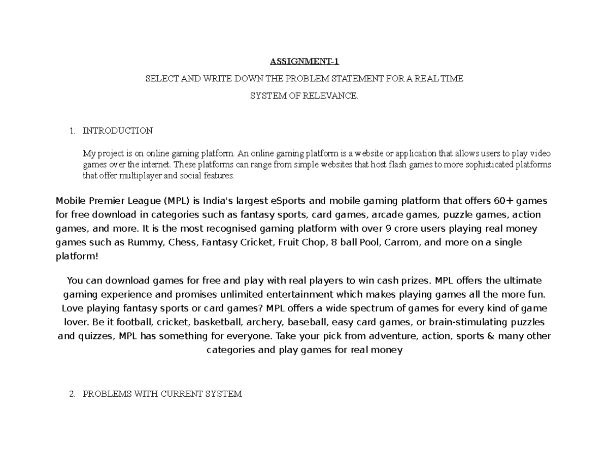 CS101: Assignment on Problem Statement for Online Gaming System - Studocu