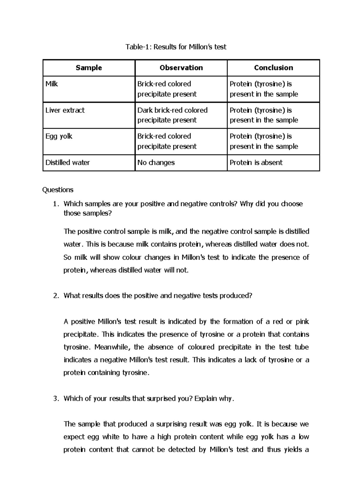 Protein Detection Using Millon's Test: Observations & Conclusions - Studocu