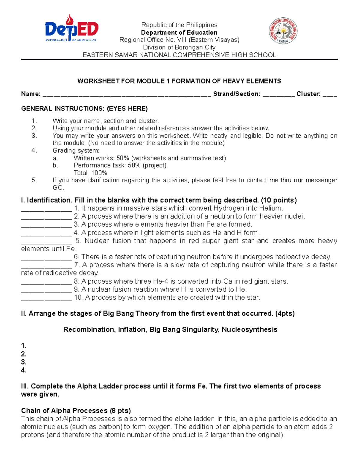 Physical Science M1 Worksheet: Formation of Heavy Elements - Studocu
