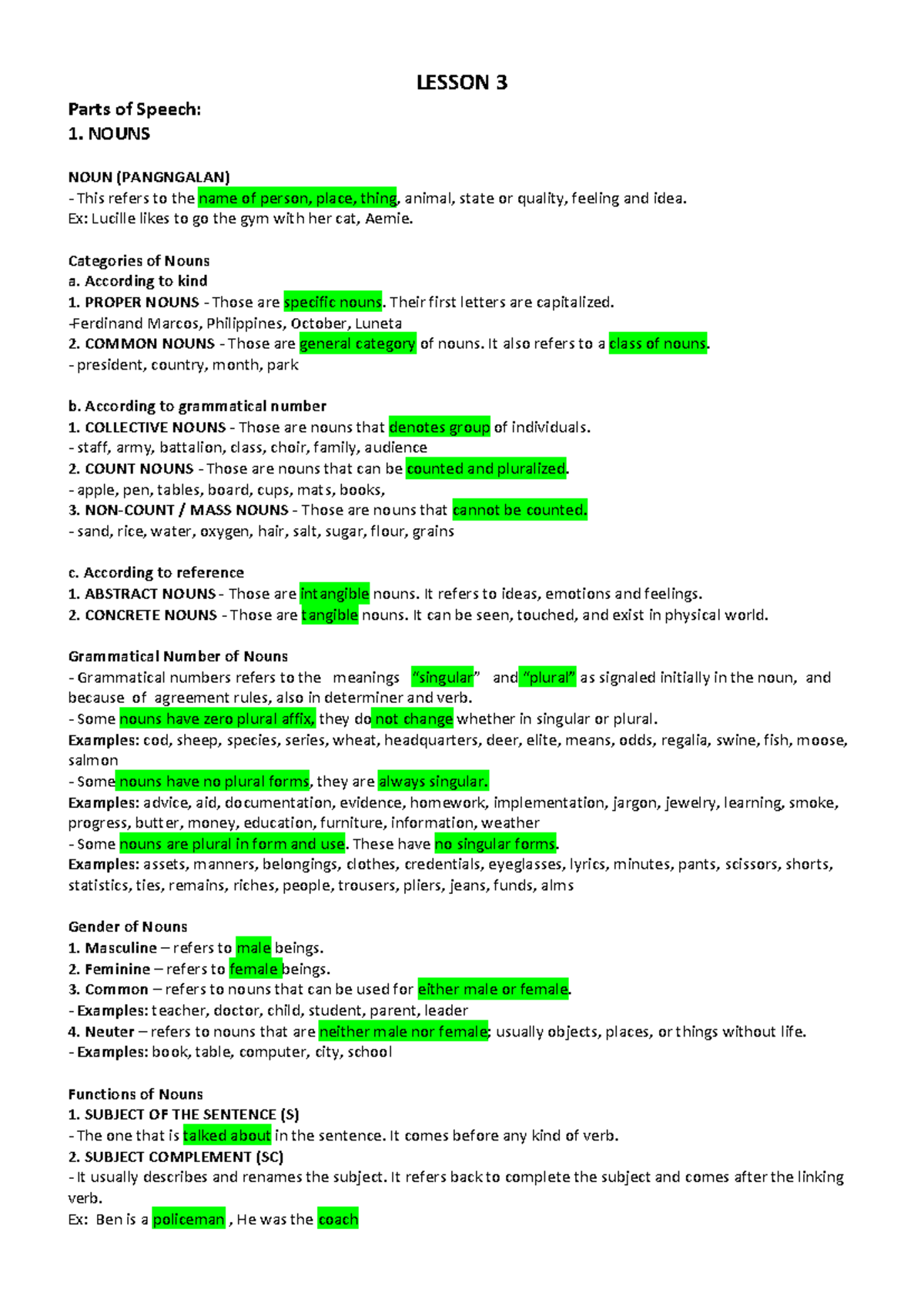 Eng- Lesson 3: Understanding Nouns and Their Functions - Studocu