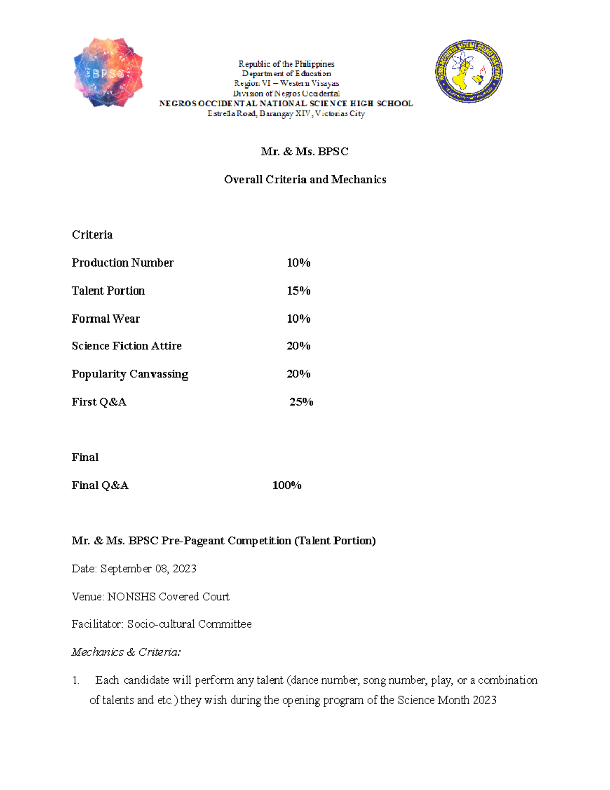 BPSC - Mr. & Ms. Pageant Mechanics and Criteria Overview - Studocu