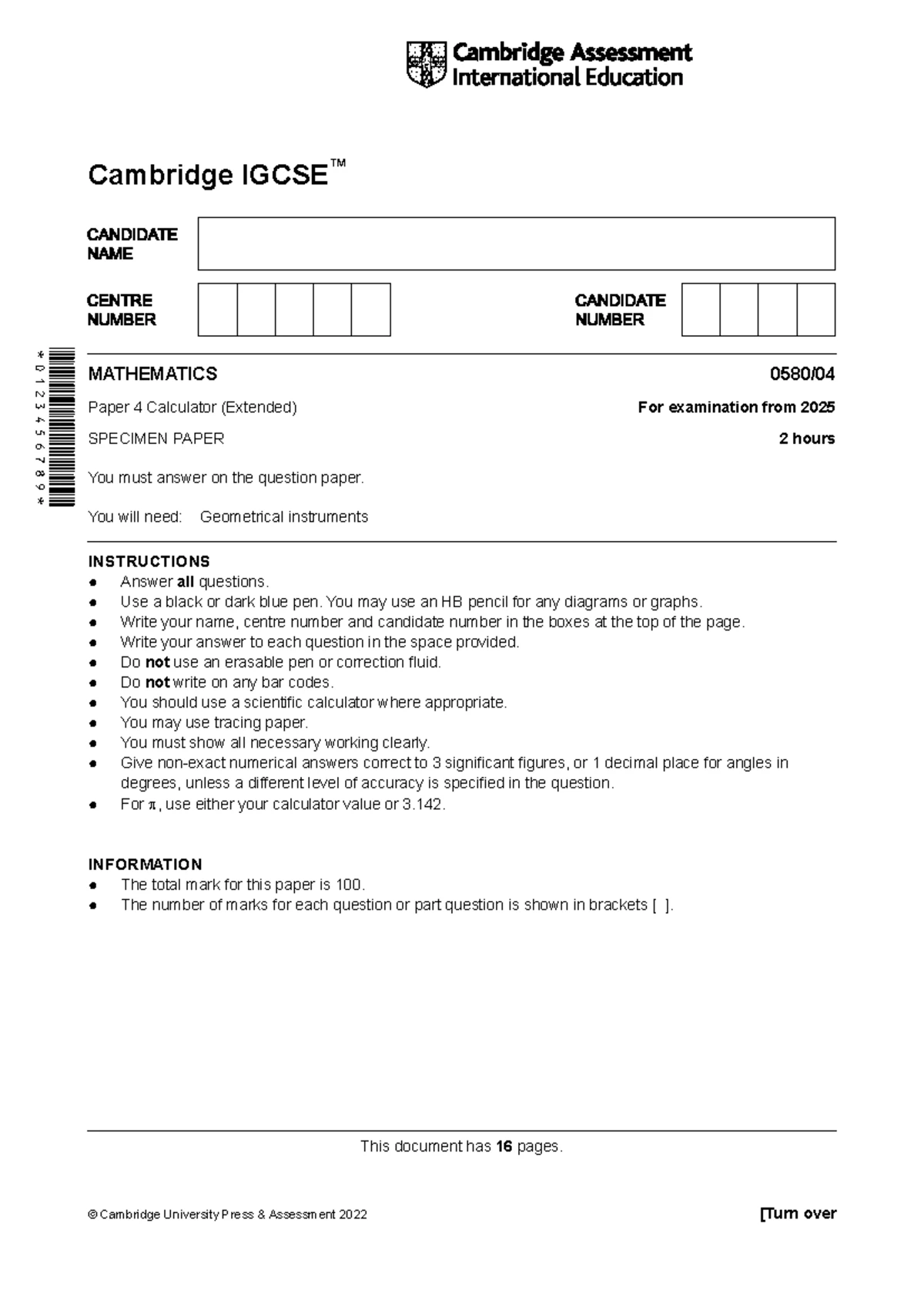 Cambridge MATHEMATICS 2020 Paper 2 (Extended) Specimen Exam Guide - Studocu