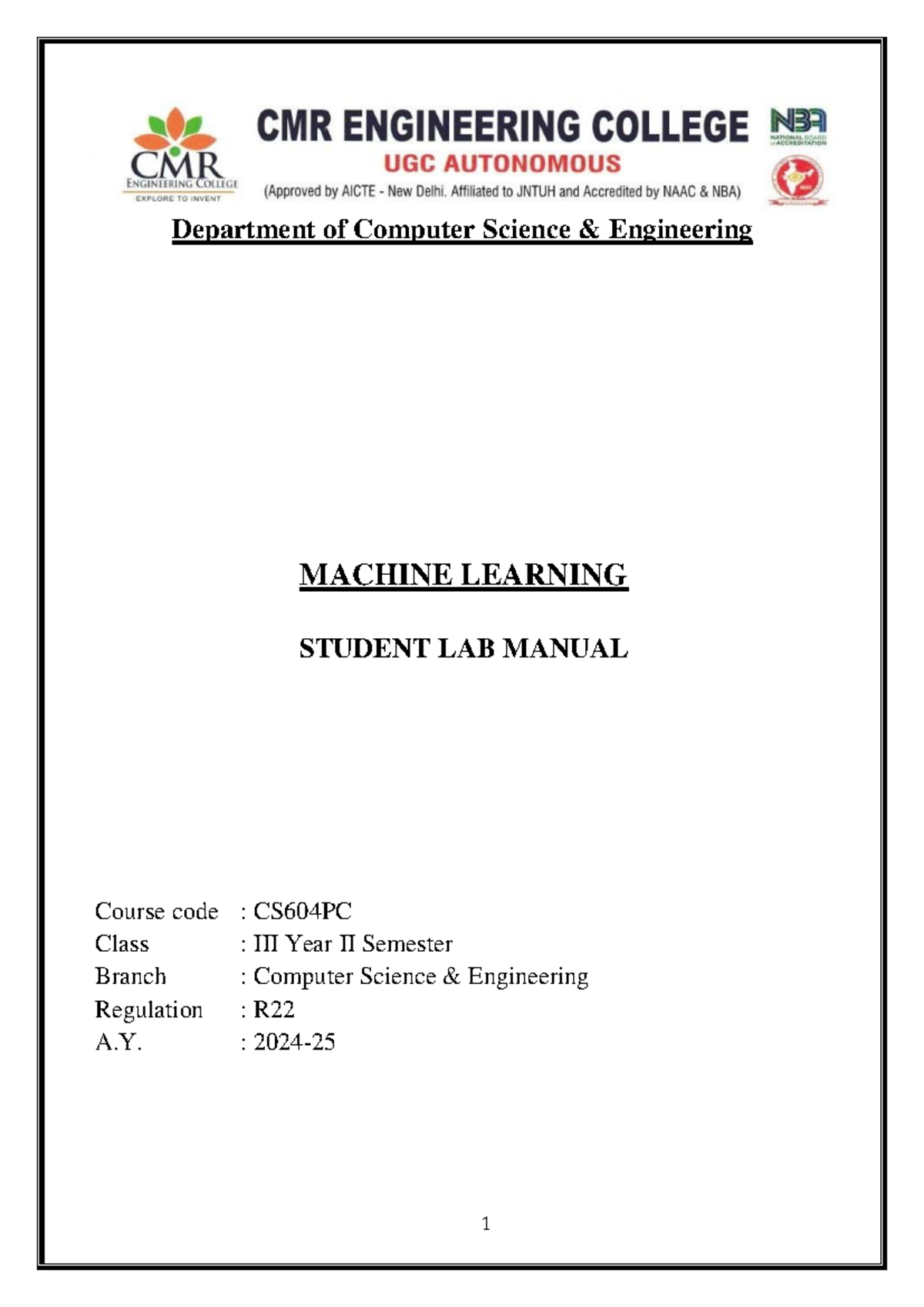 CS604PC: Machine Learning Lab Manual - Experiments 1 to 10 - Studocu