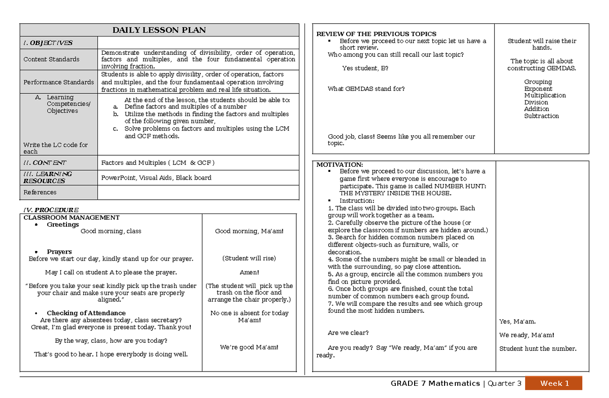 Grade 7 Math Lesson Plan: Factors & Multiples (LCM & GCF) - Studocu