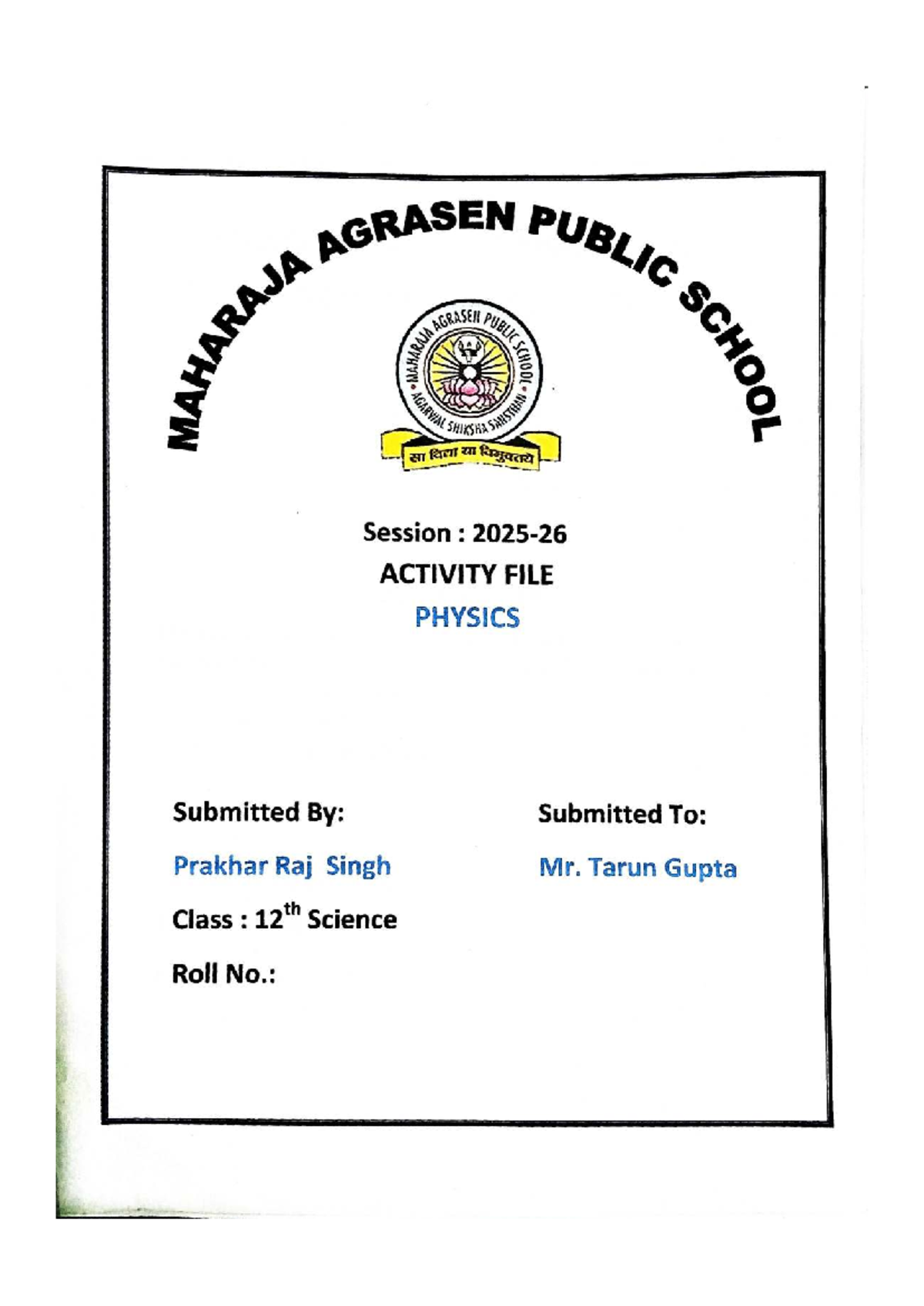 Physics Activity File for Class 12 - Project Report - Studocu
