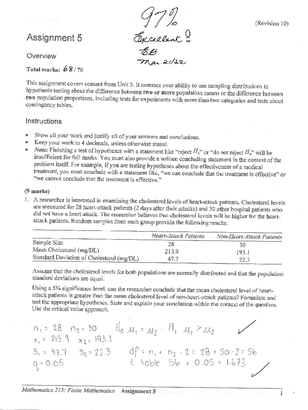 MATH 215 Assignment 1 marked - (Revision 10) Assignment 1 Overview Total marks: / 75 This ...