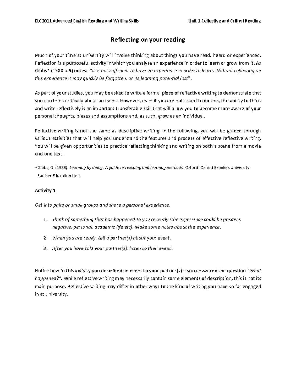 Unit 1.2 Reflecting on Your Reading: A Guide to Effective Reflection ...