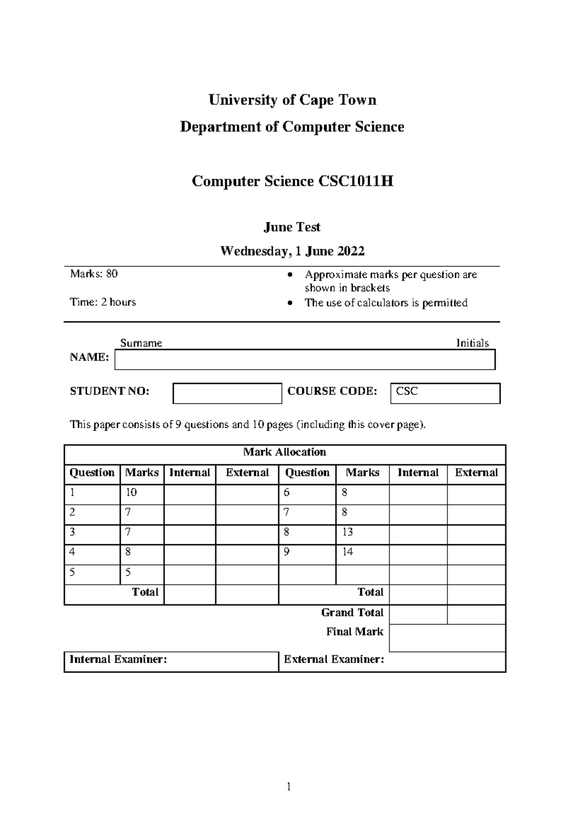 CSC1011H June Test 2022: Computer Science Exam Questions - Studocu