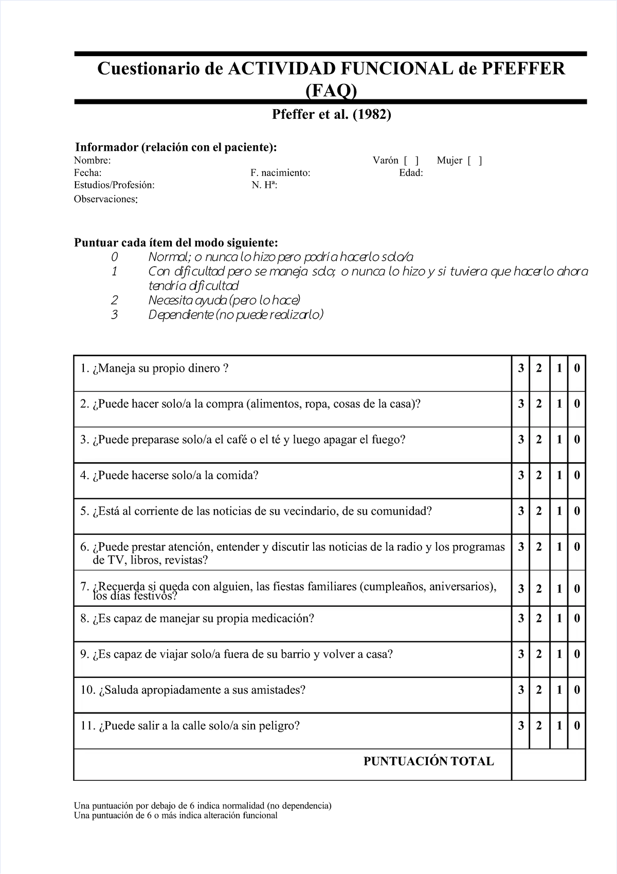 Cuestionario de Actividad Funcional de Pfeffer - PFE 2023 - Studocu