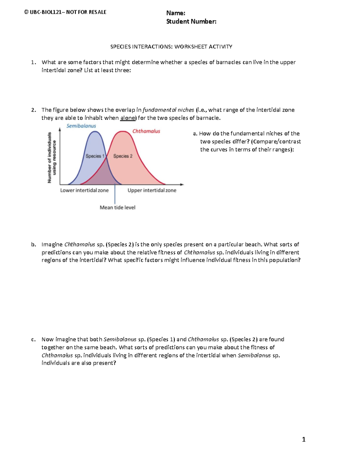 Species Interactions: Worksheet on Barnacle Niche Dynamics - Studocu