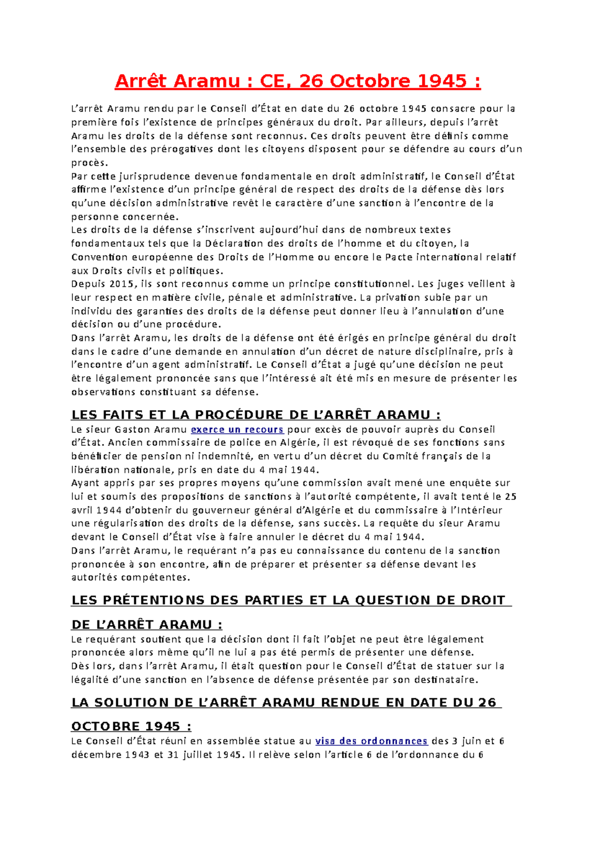 Arrêt Aramu : Jurisprudence des Droits de la Défense - CE, 26/10/1945 ...