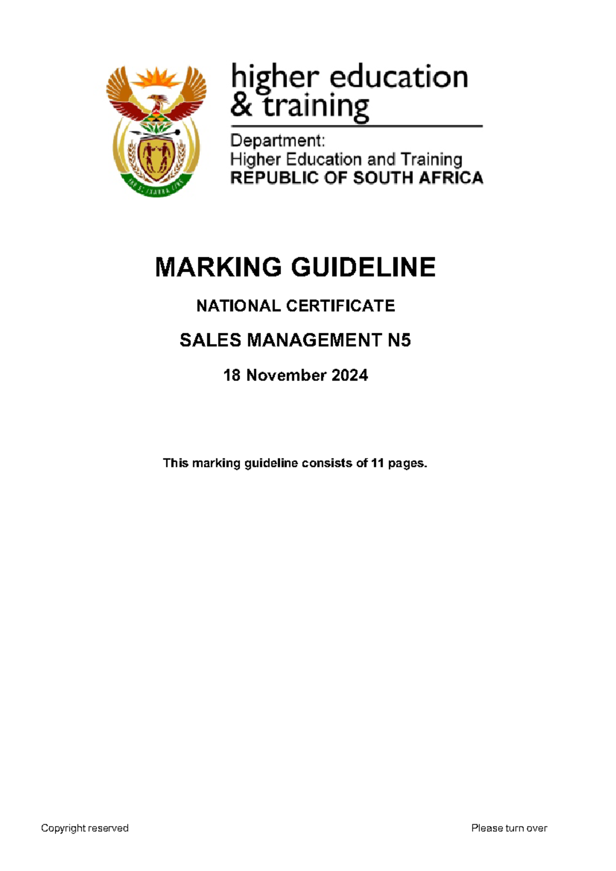 N1430 Sales Management N5 Marking Guideline Memo Nov 2024 - Studocu