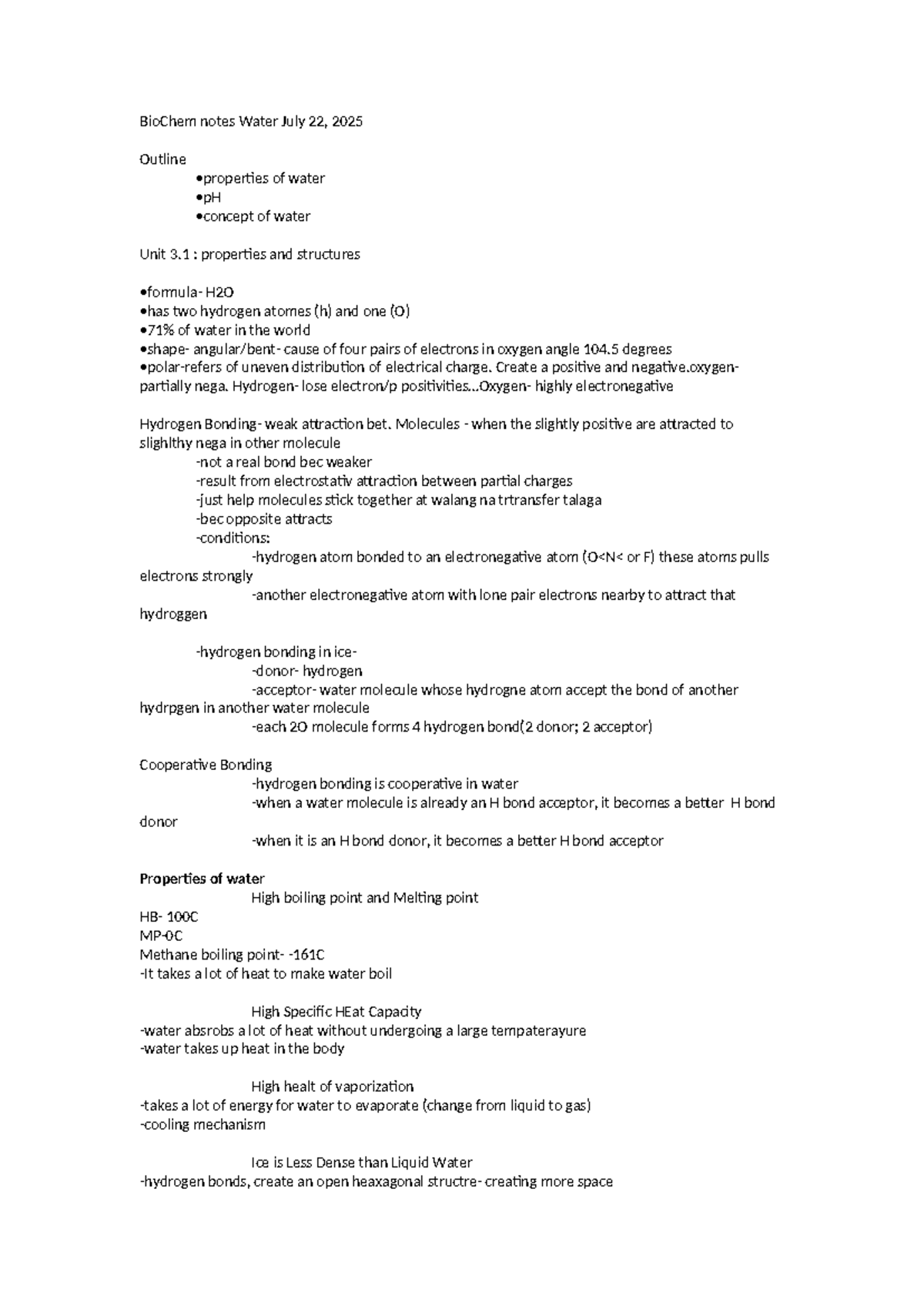 BioChem Notes: Unit 3 - Water Properties and pH Analysis - Studocu