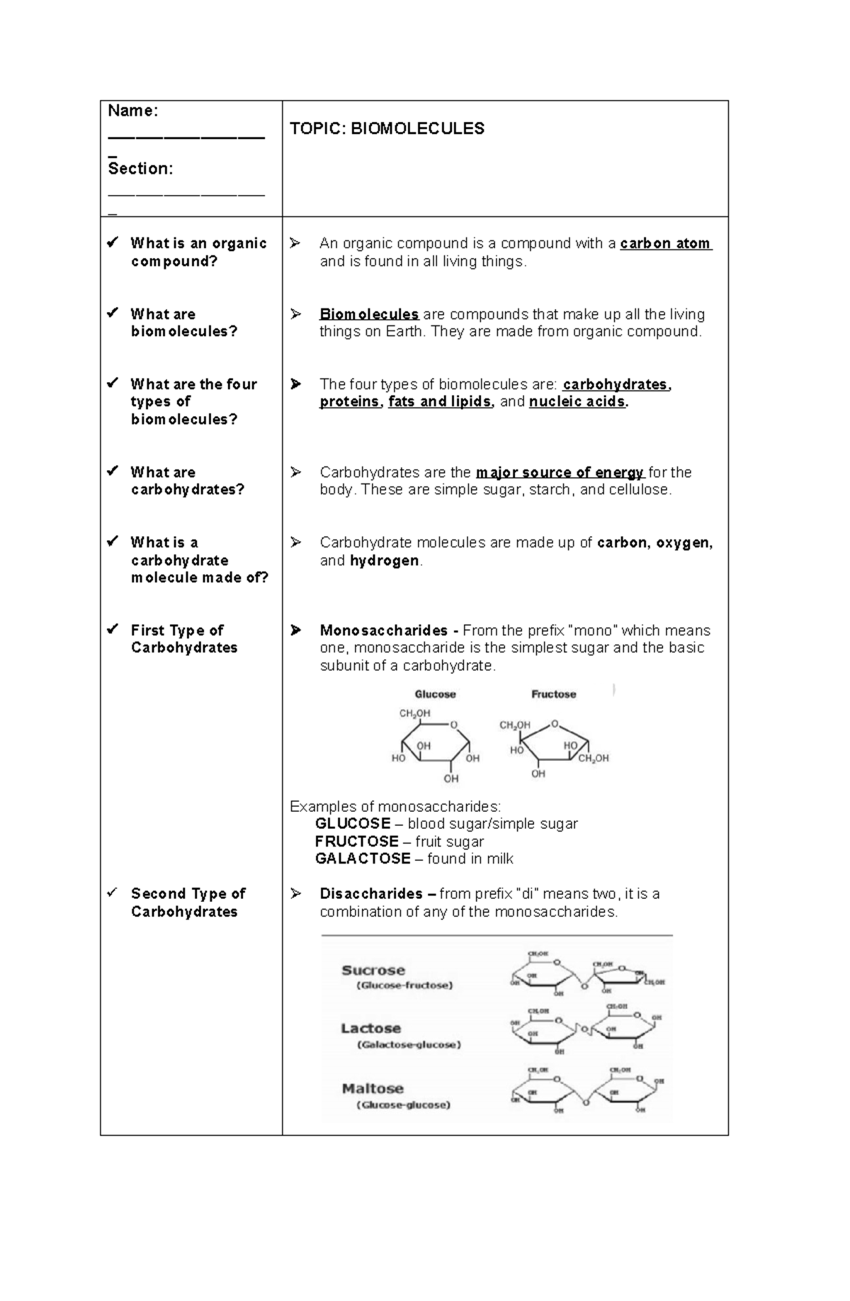 Cornell Notes on Biomolecules: Understanding Organic Compounds and ...