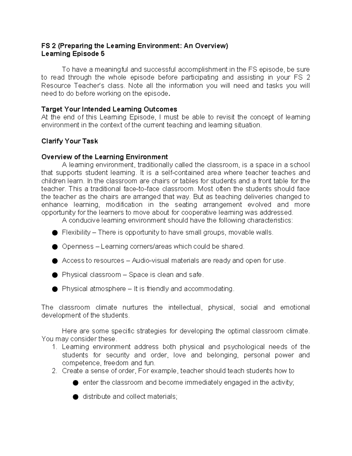 FS 2 Learning Episode 5: Creating a Conducive Learning Environment - Studocu