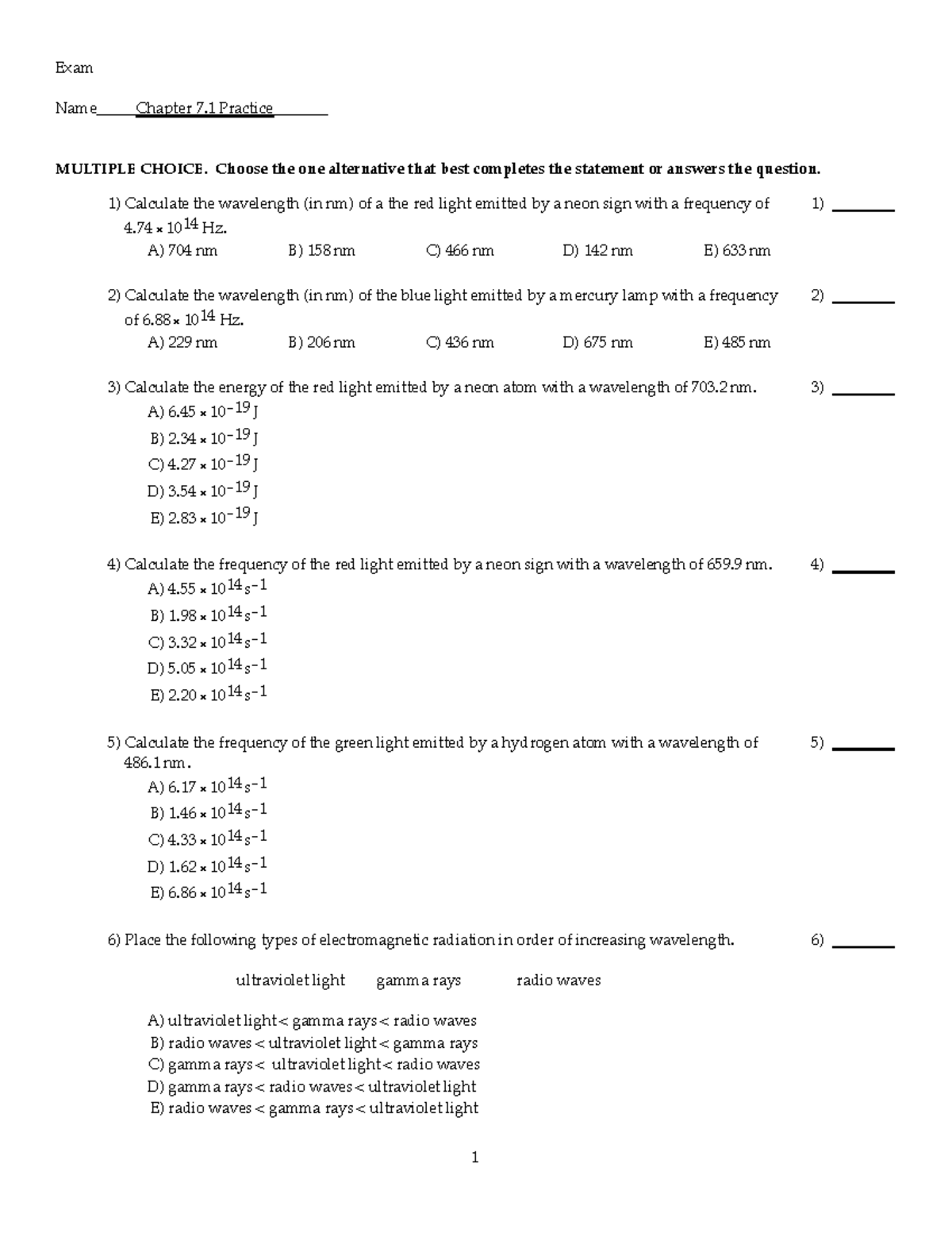 Chapter 7.1 Practice Exam - Electromagnetic Radiation - Studocu