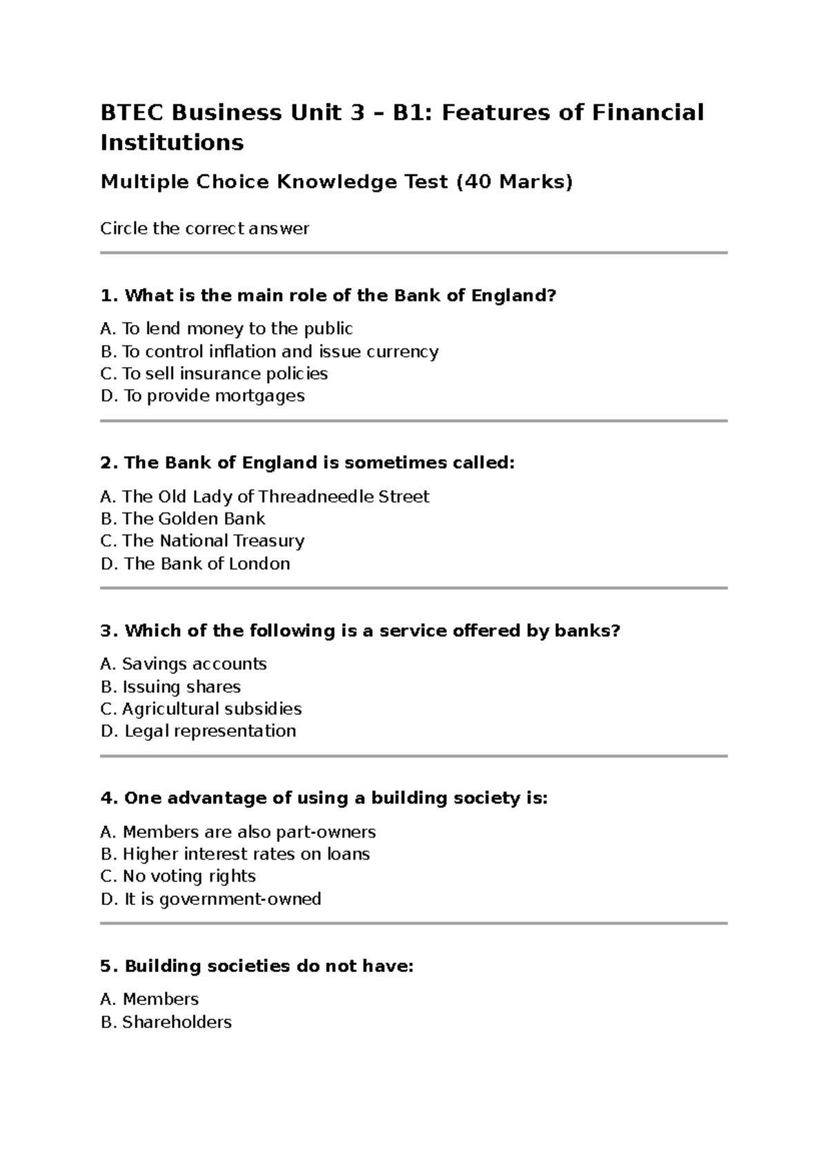 BTEC Business Unit 3 B1: Financial Institutions MCQ Knowledge Test ...
