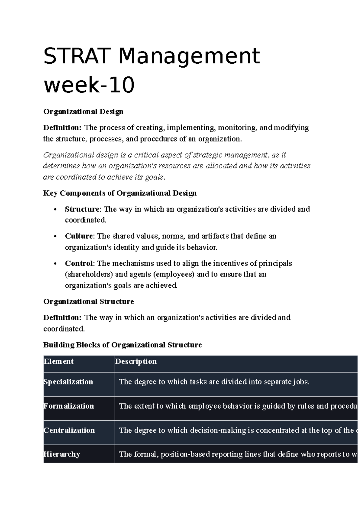 STRAT 10: Organizational Design & Culture Overview Notes - Studocu