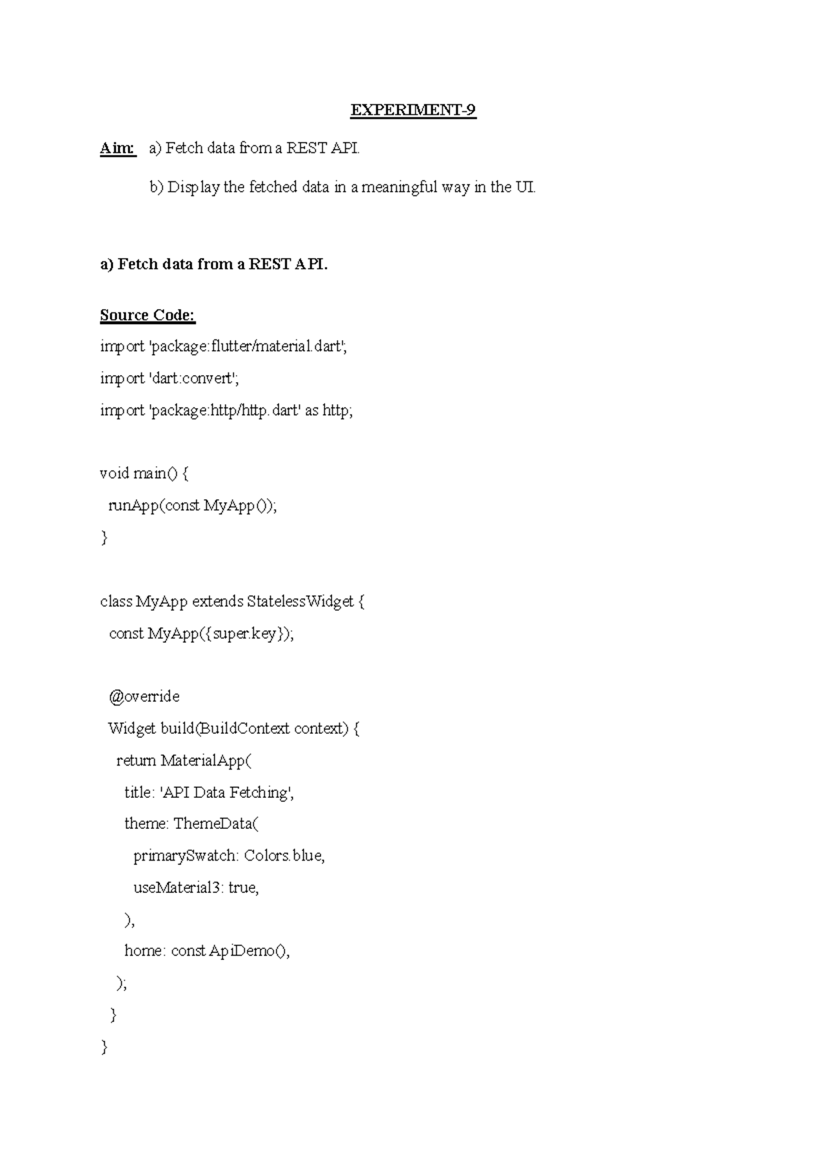 Flutter EXP 9: Fetching & Displaying Data from REST API - Studocu