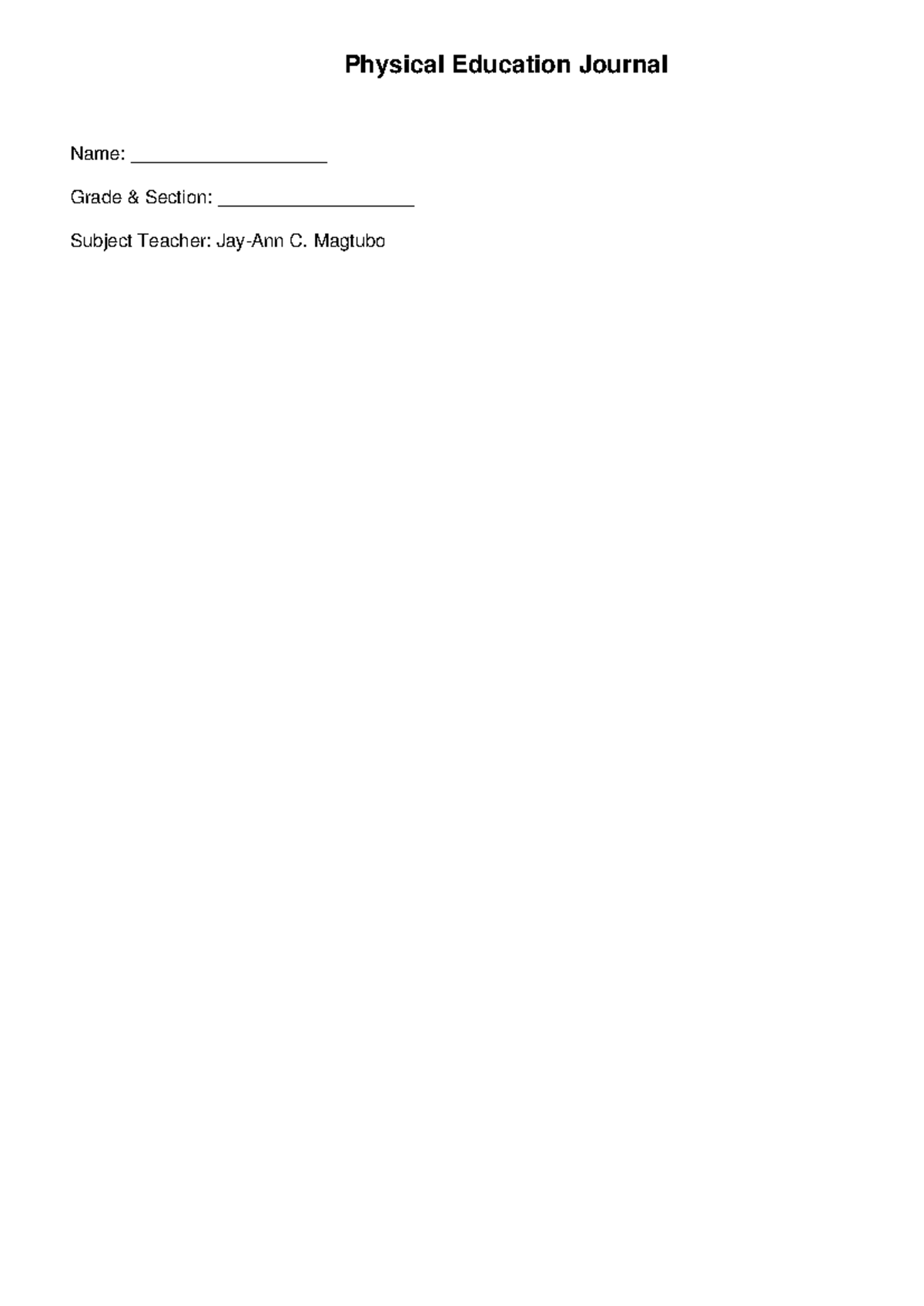 PE Journal Reflections - Physical Education Journal Name ...