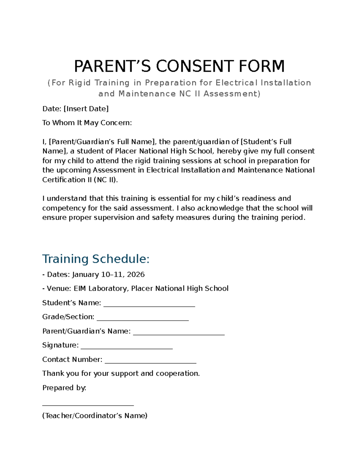 Consent Form for Rigid Training - EIM NC II Assessment - Studocu