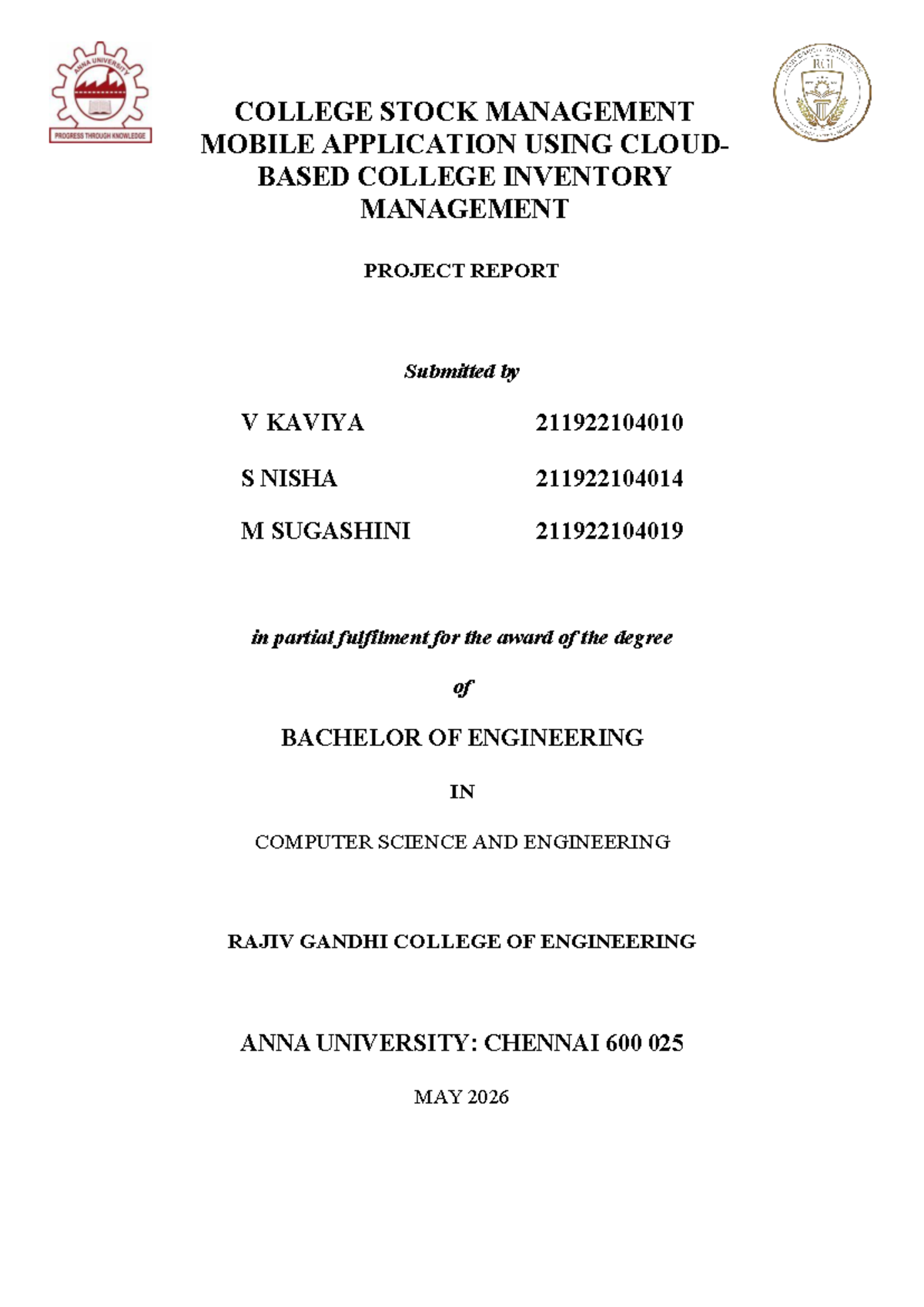 College Stock Management Mobile App Project Report (CSE 211922) - Studocu