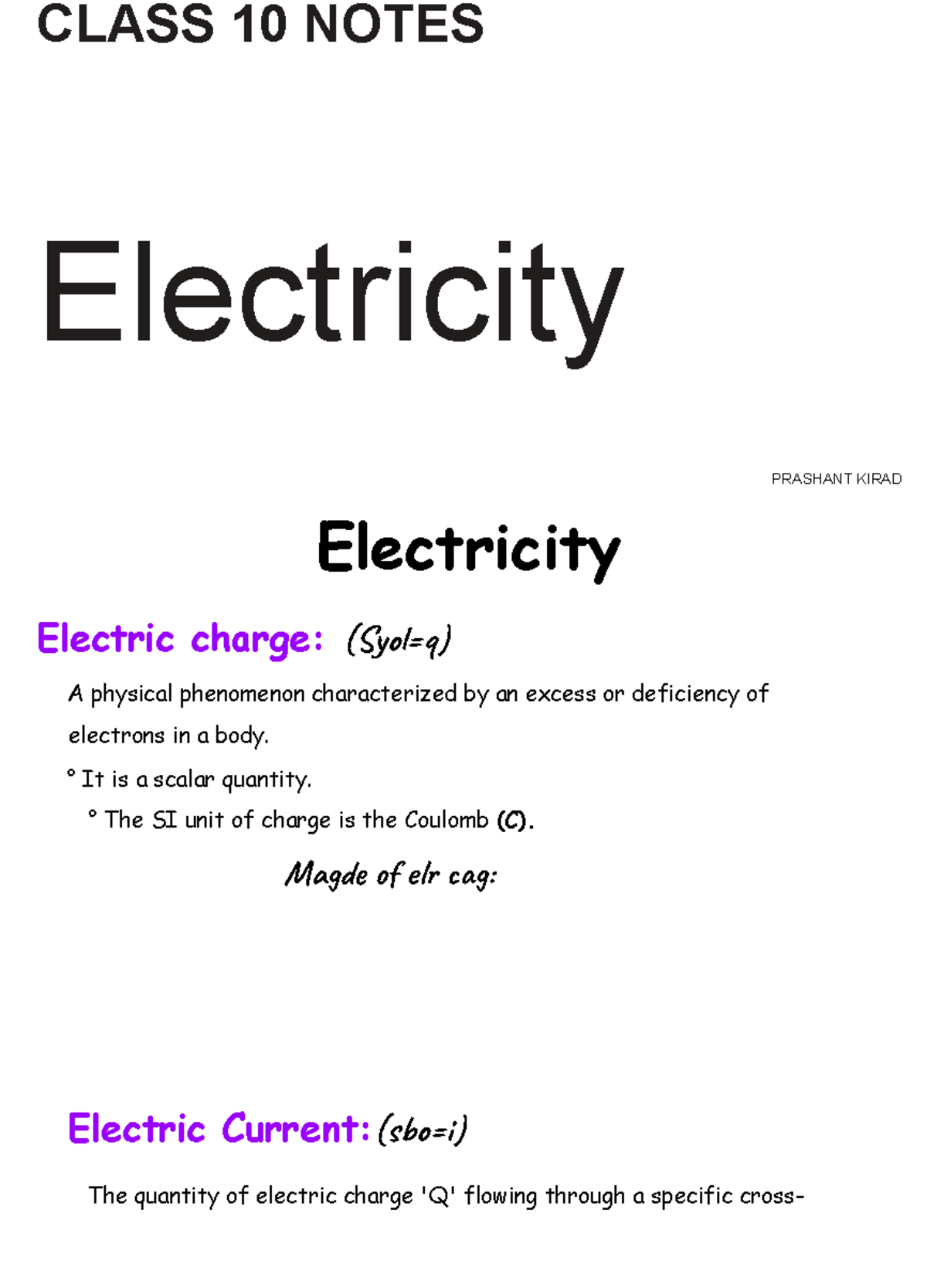 Class 10 Science: Electricity Notes by Prashant Kirad - Studocu