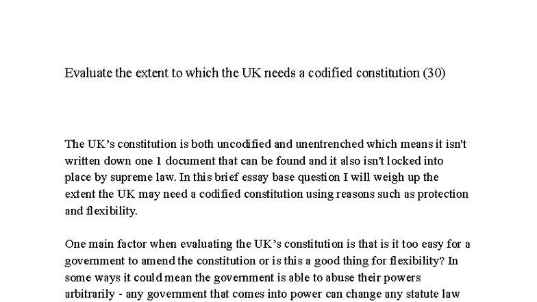 Evaluating the Need for a Codified Constitution in the UK (30) - Studocu