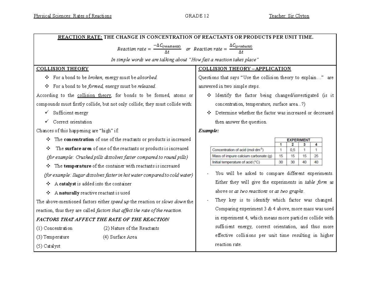 Gr 12 Chem - Final Exam Notes on Reaction Rates and Collision Theory ...