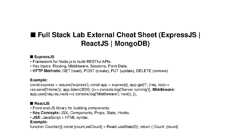 Full Stack Lab Cheat Sheet: ExpressJS, ReactJS, MongoDB - Studocu