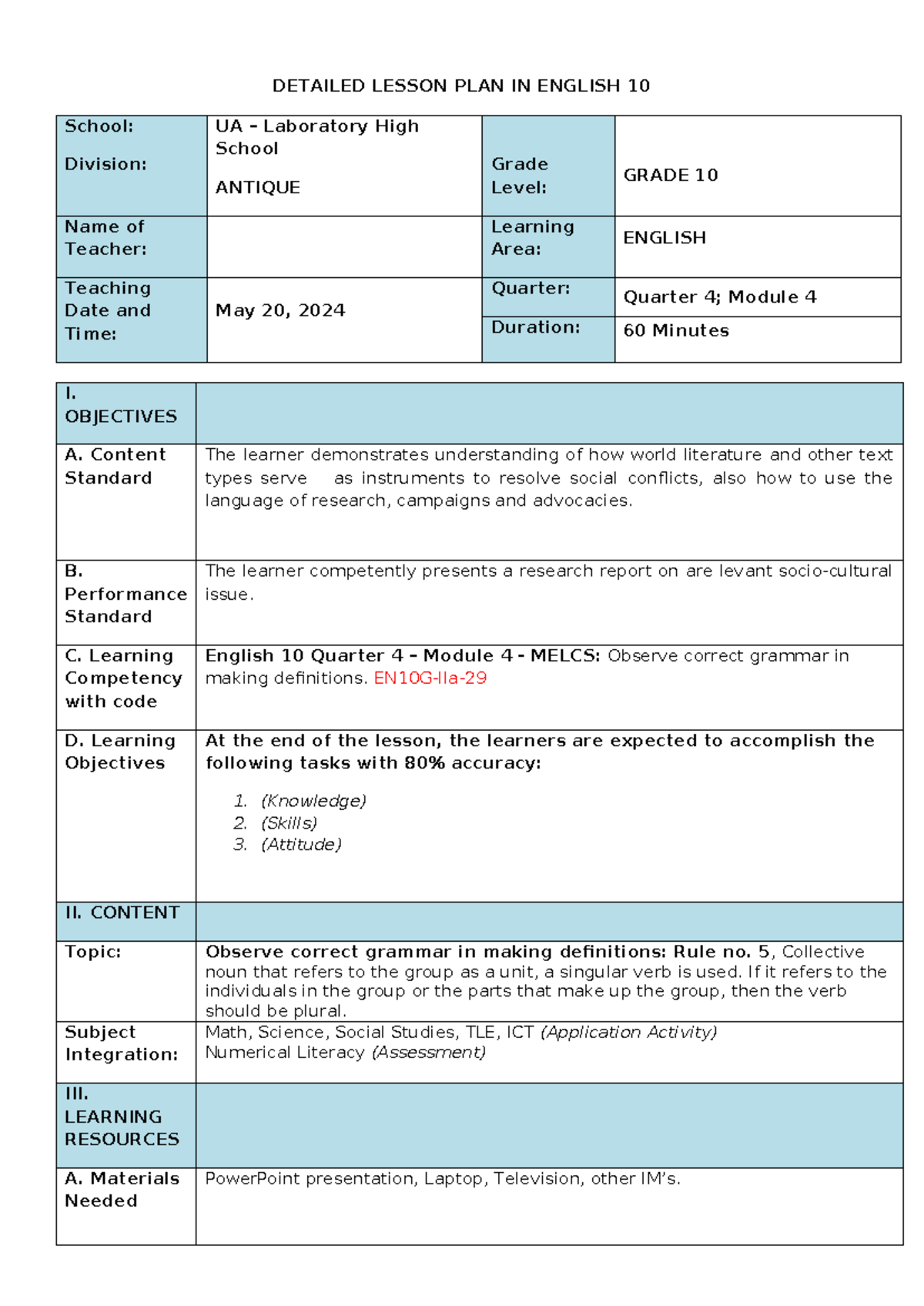DETAILED LESSON PLAN: ENGLISH 10 - QUARTER 4 MODULE 4 - Studocu