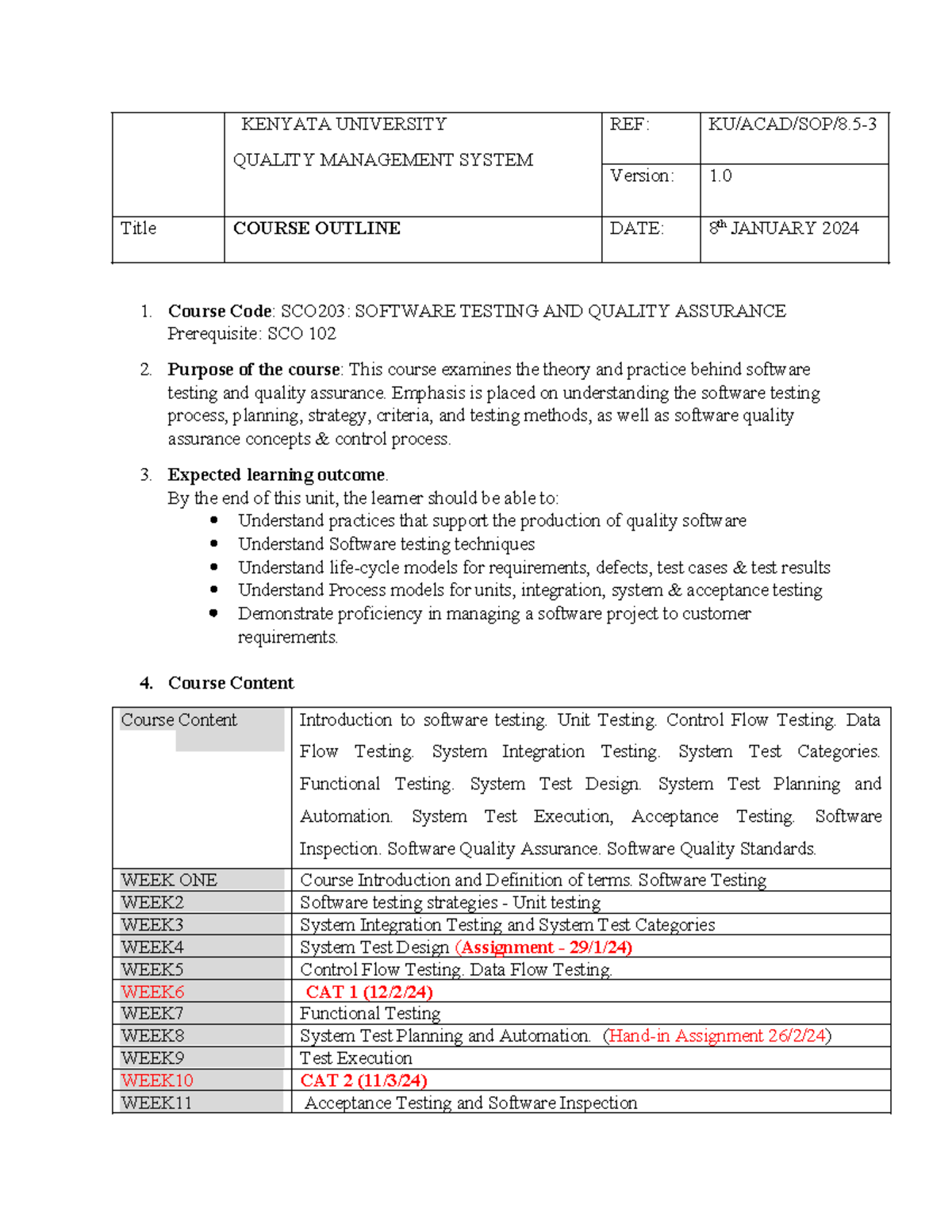SCO203 Course Outline: Software Testing & Quality Assurance 2024 - Studocu